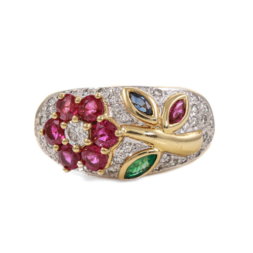 Ruby Sapphire Emerald & Diamond Flora Ring
