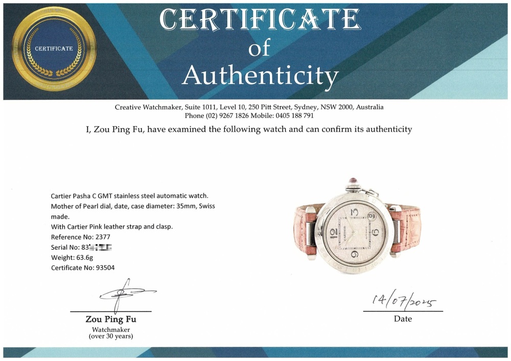 Cartier Pasha C GMT Ladies Watch